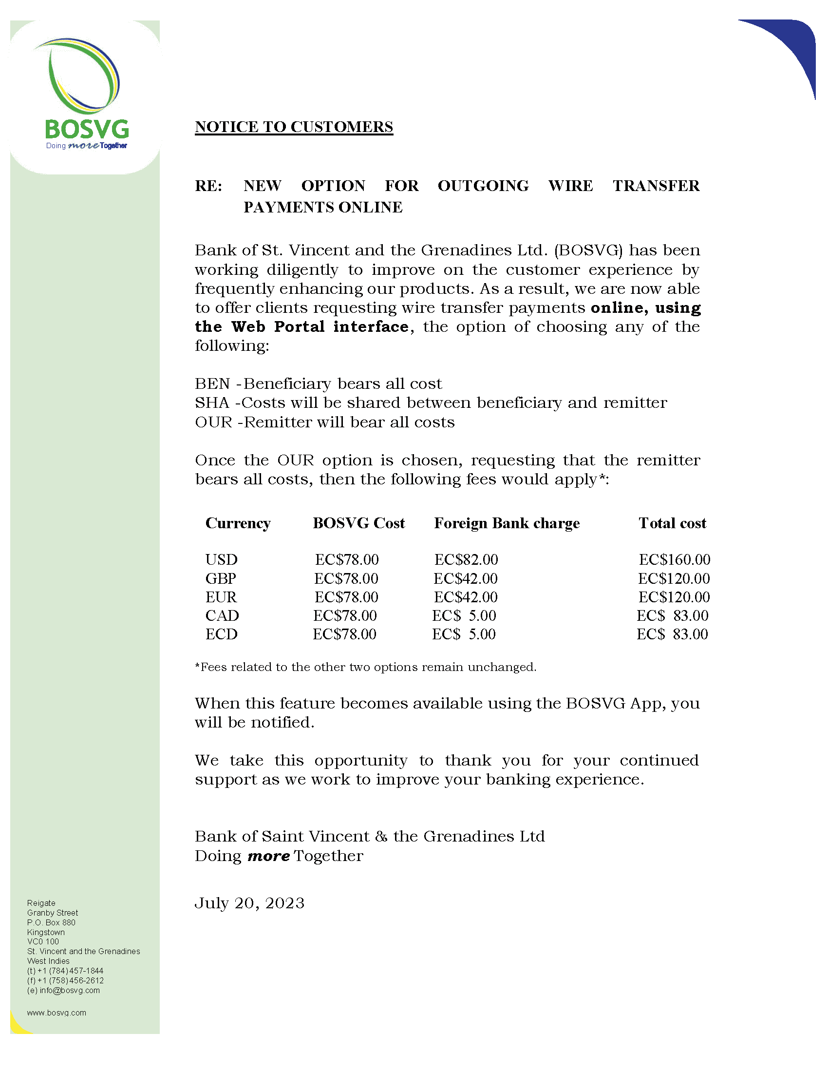 Bank of Saint Vincent & the Grenadines NEW OPTION FOR OUTGOING WIRE ...
