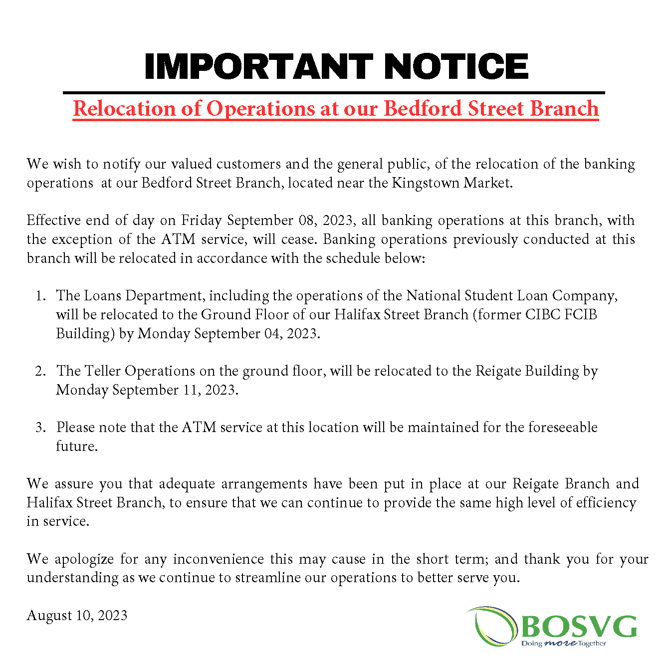 Bank of Saint Vincent & the Grenadines Notice of Relocation of our ...