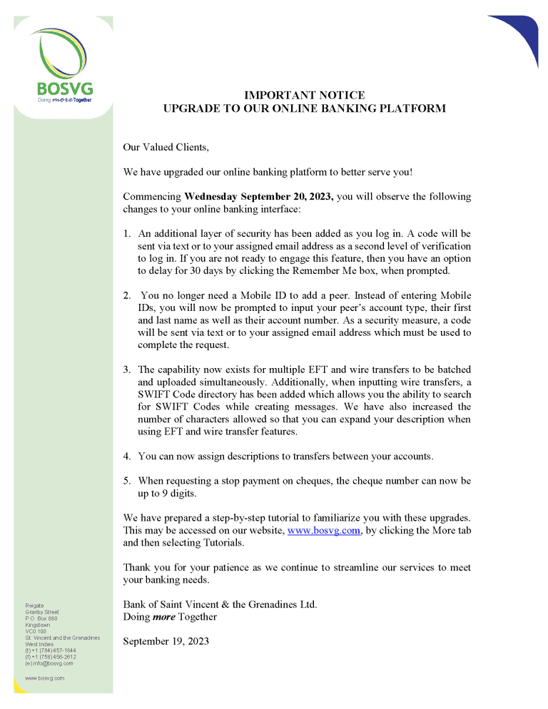 Bank of Saint Vincent & the Grenadines UPGRADE TO OUR ONLINE BANKING ...