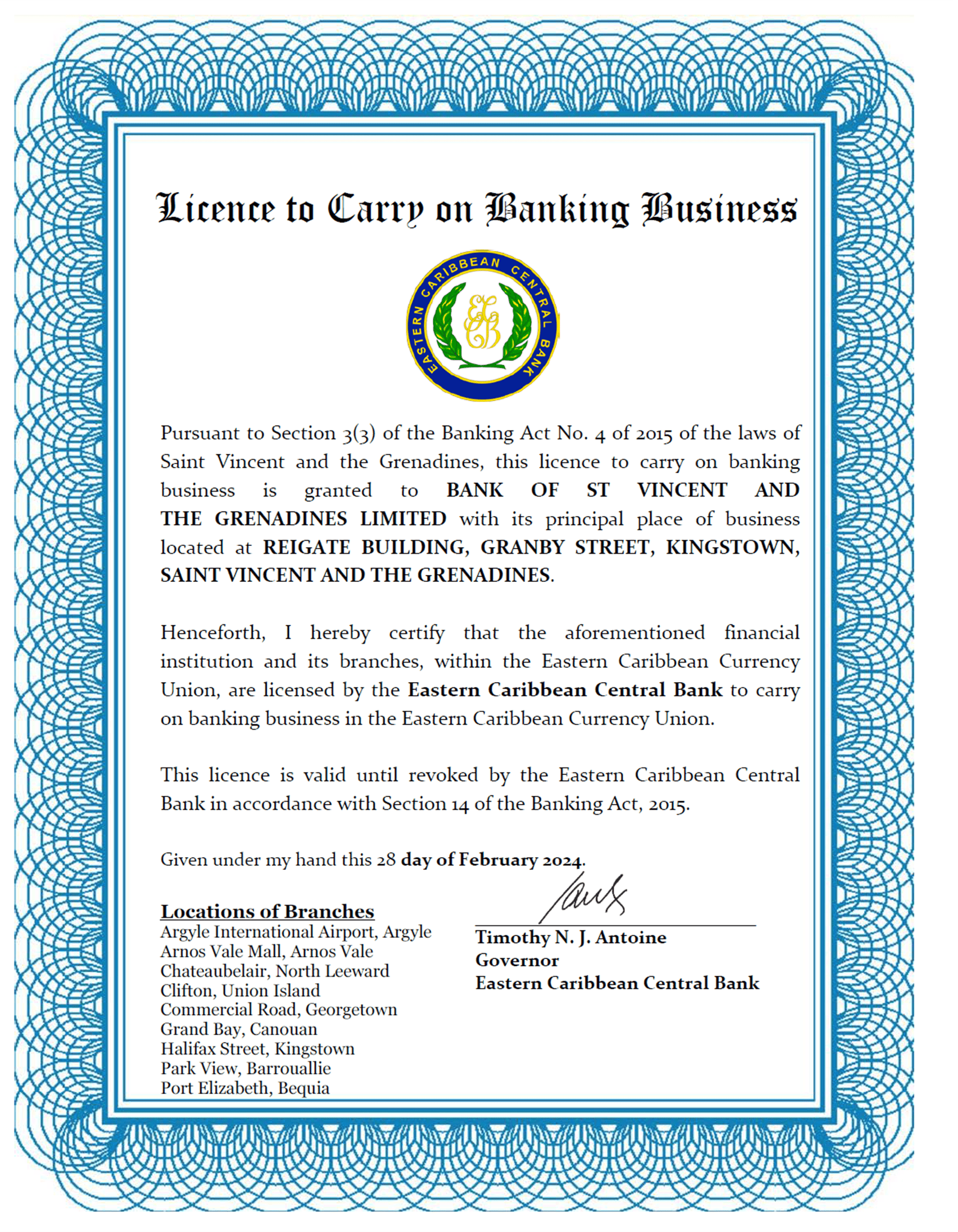 Bank of Saint Vincent & the Grenadines Bank Licence - Bank of Saint ...